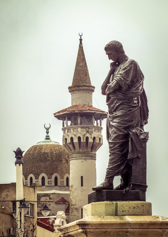 Ovidiu S Statue and Mosque of Constanta Stock Image - Image of ovidius ...