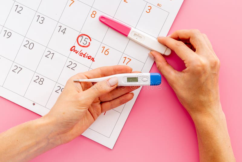 Ovulation Home Test in Female Hand Over Calendar with Red Mark Stock ...