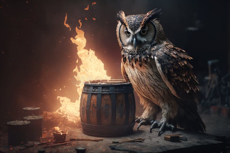 Owl with a barrel on fire stock image. Image of wildlife - 268868563