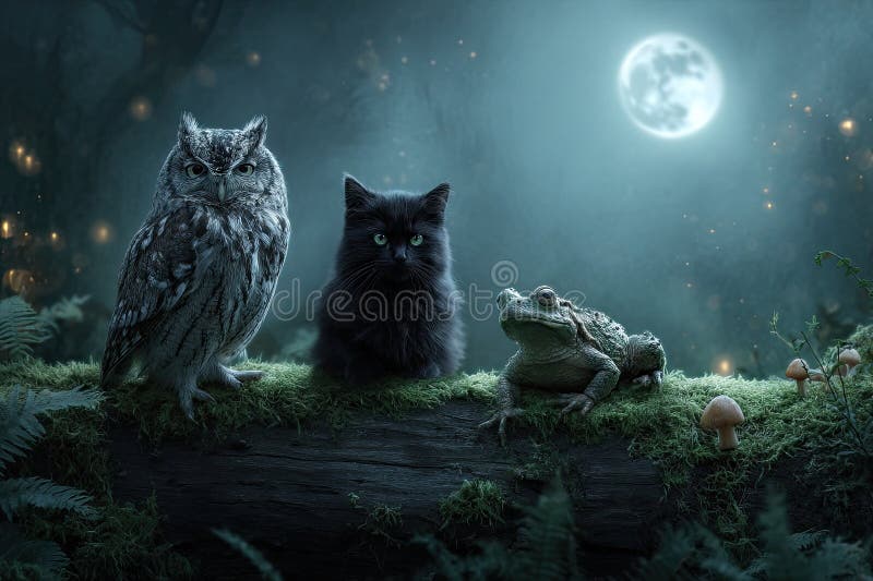 Owl, Black Cat, and Toad Gathered on a Mossy Log Under Moonlight ...