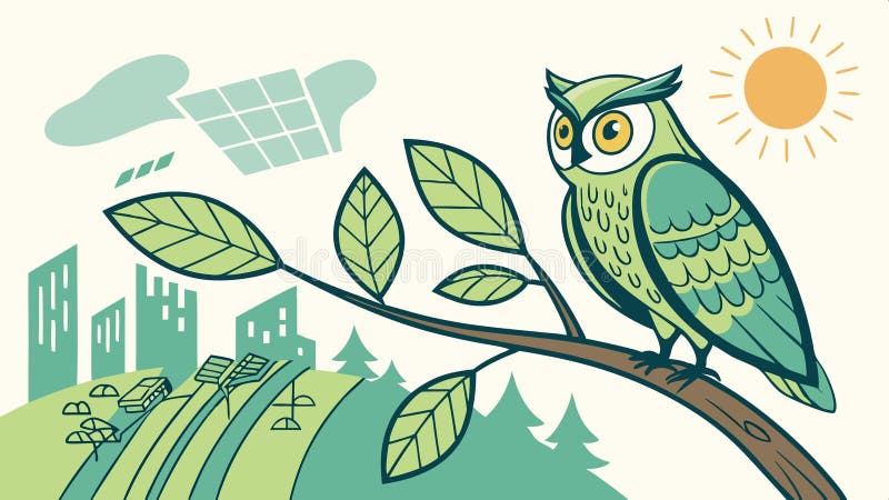 Owl on Branch Solar Panels Green Energy Future Vector Design Generative ...