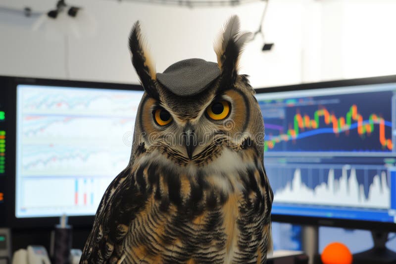 Owl with Cap in Front of a Computer Screen Showing Charts Stock Photo ...