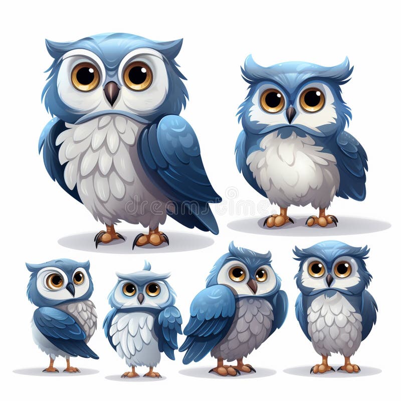 Owl Cartoon Character Set. Cute Blue and White Owl Vector Illustration ...