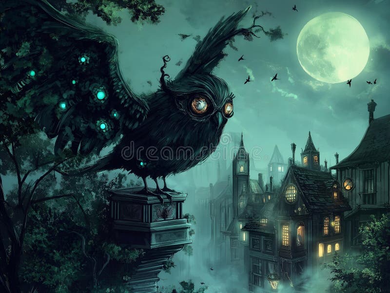 Owl, Castle, Moon, Night, Mysterious Scene Stock Illustration ...