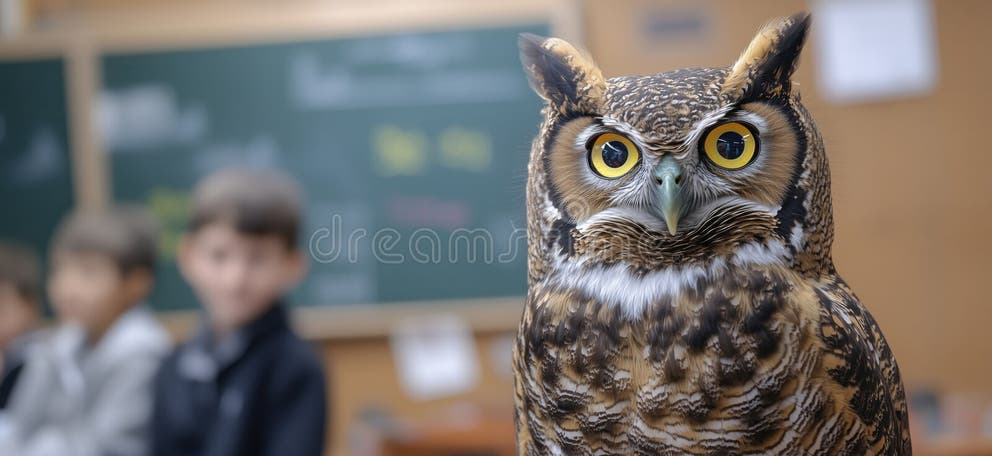 Owl in Classroom Setting Captivating Students with Its Striking ...