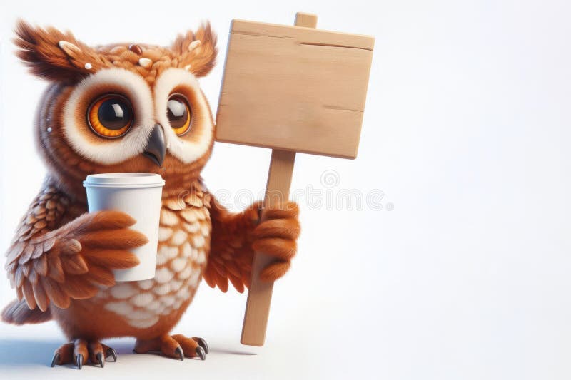 An Owl with Coffee and an Empty Sign. Space for Text. Stock Photo ...