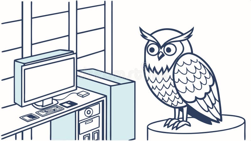 Owl and Computer Setup, Technology and Learning Concept Art Vector ...