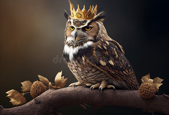Owl with Crown on His Head on a Tree Branch. 3d Render Generative Ai ...