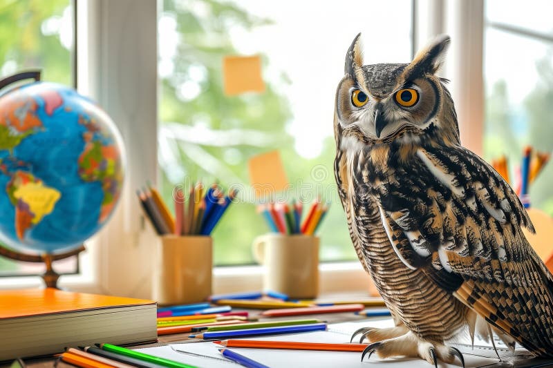 Owl on a Desk Surrounded by Pencils and a Globe Stock Photo - Image of ...