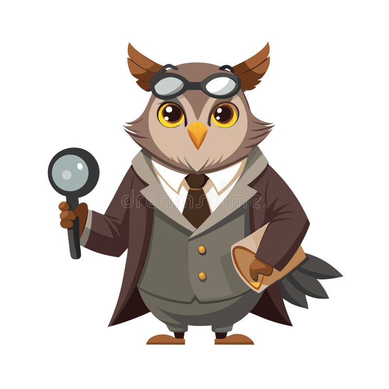 Cartoon Owl Detective with Magnifying Glass Isolated on White ...