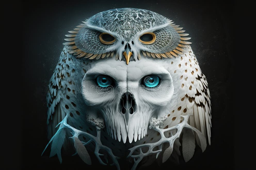 Owl with a Face in the Shape of a Human Skull in Boho Style, Created ...
