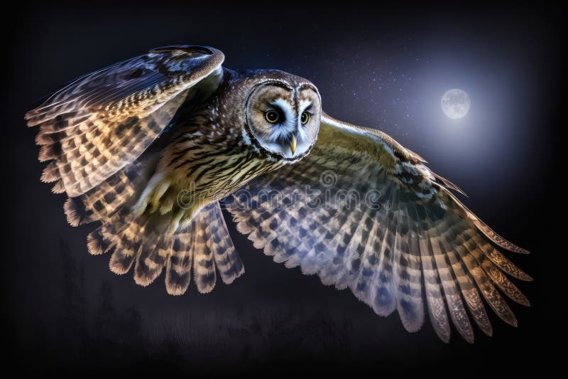 Owl in Flight, with Moonlight Shining on Its Feathers Stock ...