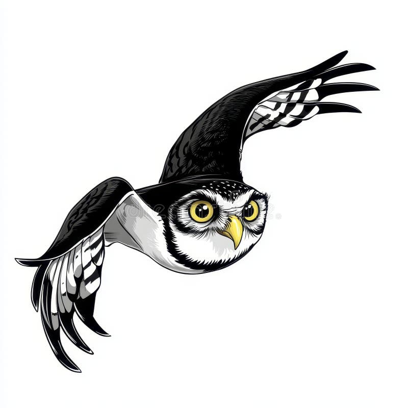 Owl in Flight with Striking Yellow Eyes and Detailed Feather Patterns ...