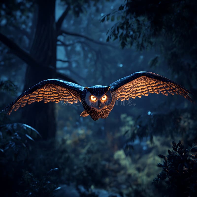 Owl Flying in a Dark Forest, Illuminated by Moonlight Stock ...