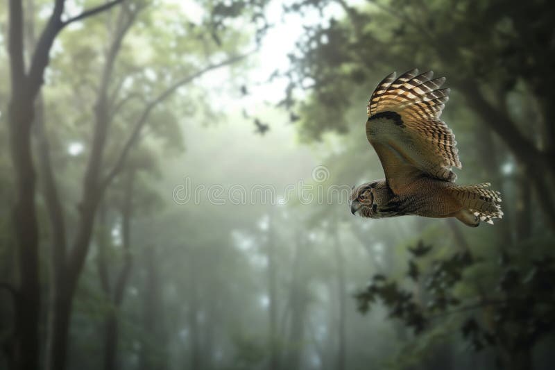Owl Flying through Misty Forest, Trees Enveloping Background Stock ...