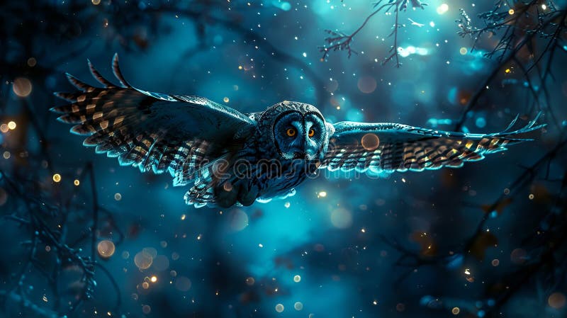 An Owl Flying through the Night Sky Stock Photo - Image of spread, blue ...