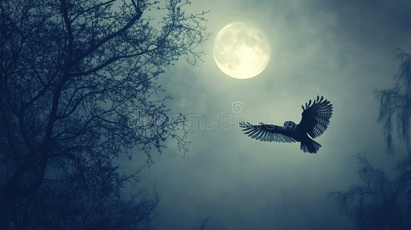 Owl Flying at Night Under a Full Moon Stock Image - Image of mysterious ...