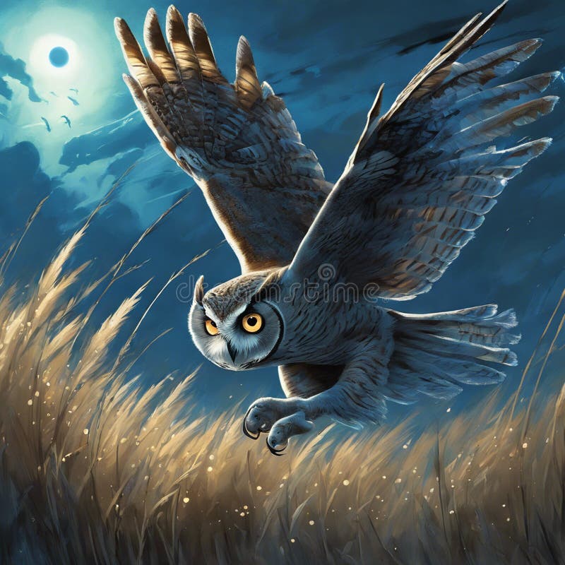 An Owl Flying Over a Field of Tall Grasses in the Night Sky Stock ...