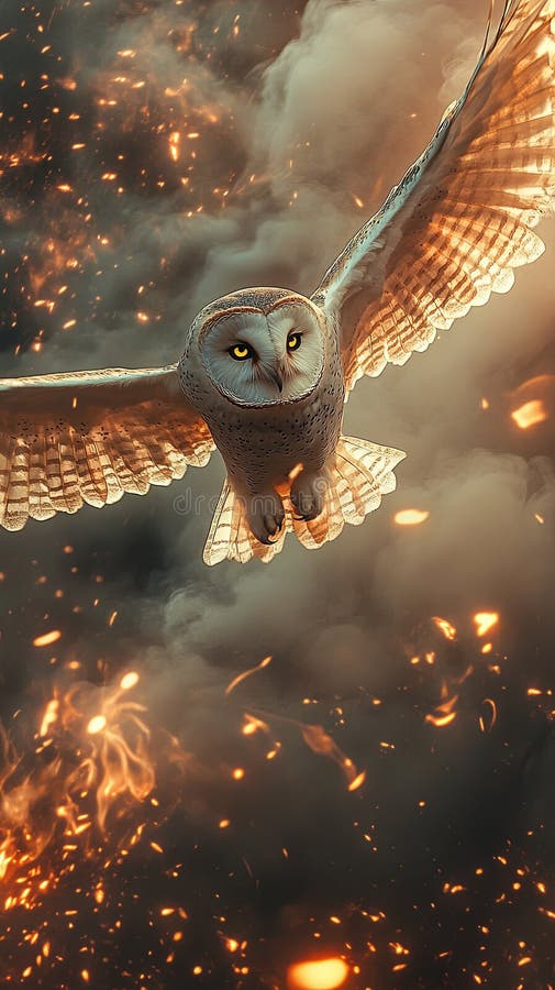 An Owl Flying through Thick Smoke, Glowing Embers Scattered Across the ...