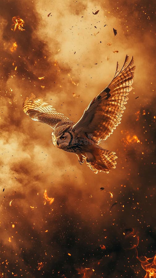 An Owl Flying through Thick Smoke, Glowing Embers Scattered Across the ...