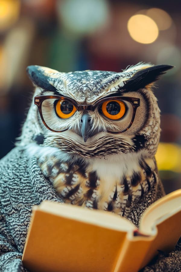 An Owl with Glasses Reading a Book Stock Image - Image of perched, bird ...