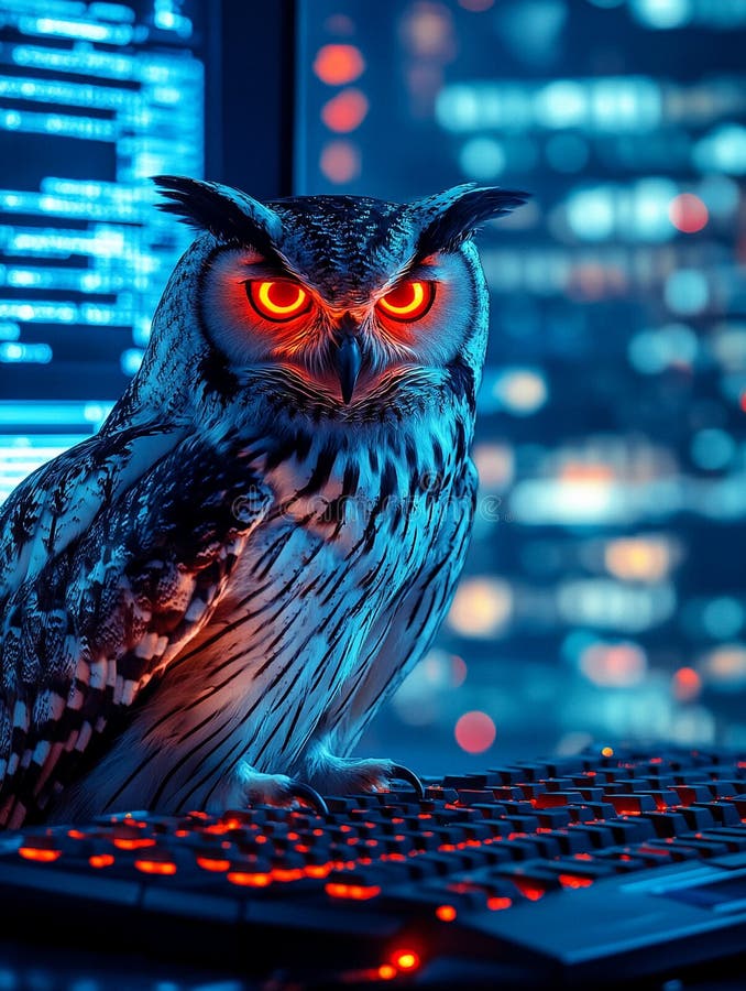 Owl with Glowing Eyes in Cyber Workspace. Generated AI Stock ...