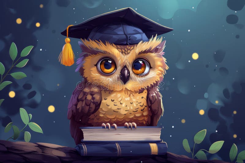 Owl in Graduation Cap Sitting on Stack of Books. Graduation Banner ...