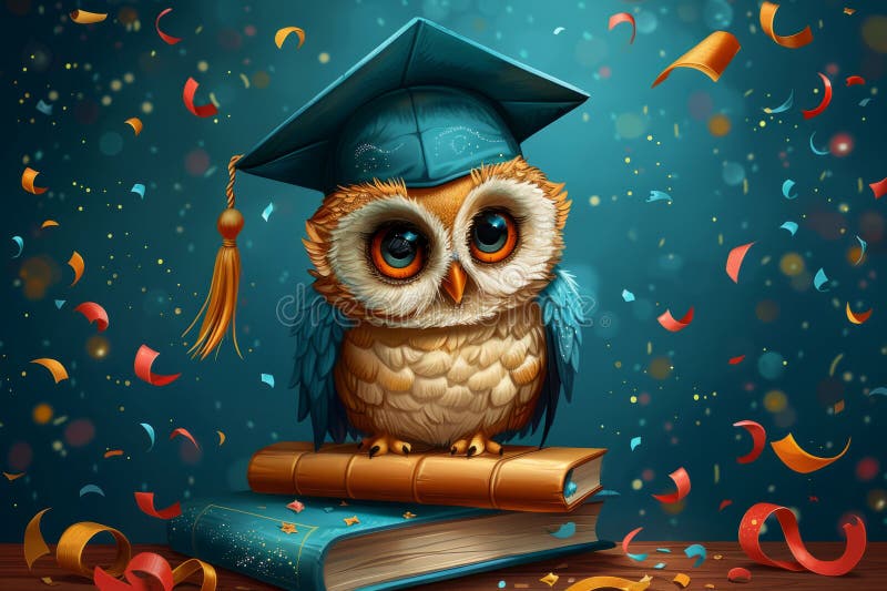Owl in Graduation Cap Sitting on Stack of Books. Graduation Banner ...