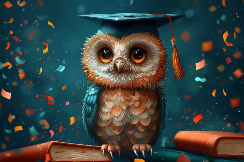 Owl in Graduation Cap Sitting on Stack of Books. Graduation Banner ...