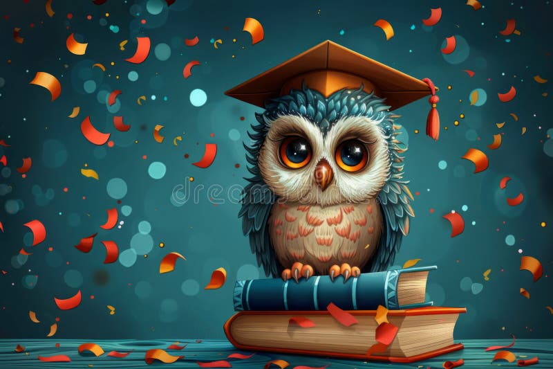 Owl in Graduation Cap Sitting on Stack of Books. Graduation Banner ...