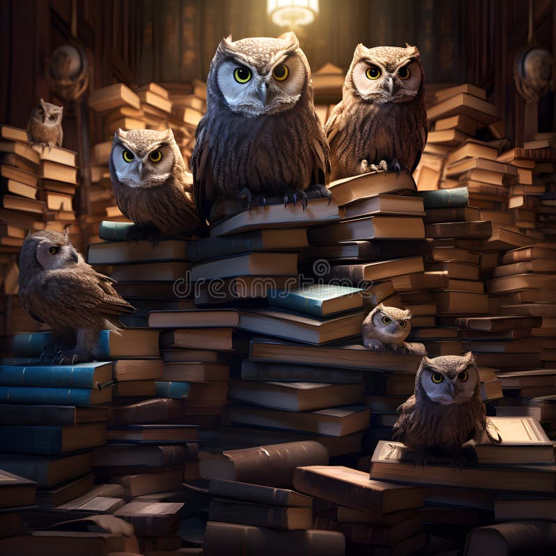 Owl Group Sitting on Book Piles in an Old Library. Stock Illustration ...