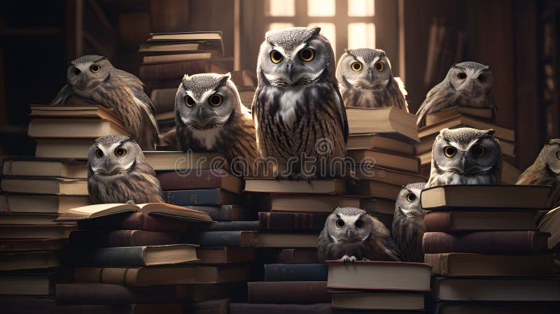 Owl Group Sitting on Book Piles. Stock Illustration - Illustration of ...