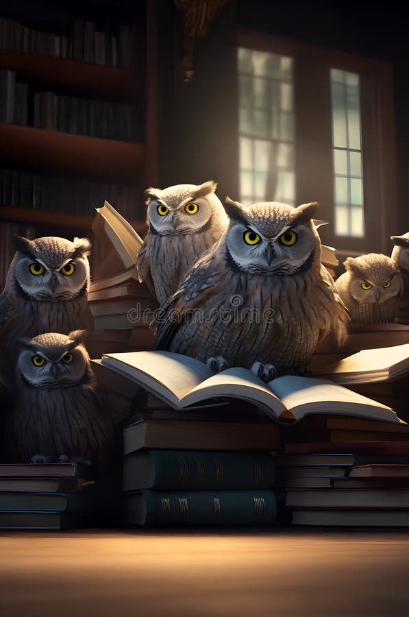 Owl Group Sitting on Book Piles. Stock Illustration - Illustration of ...