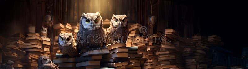 Owl Group Sitting on Book Piles. Stock Illustration - Illustration of ...