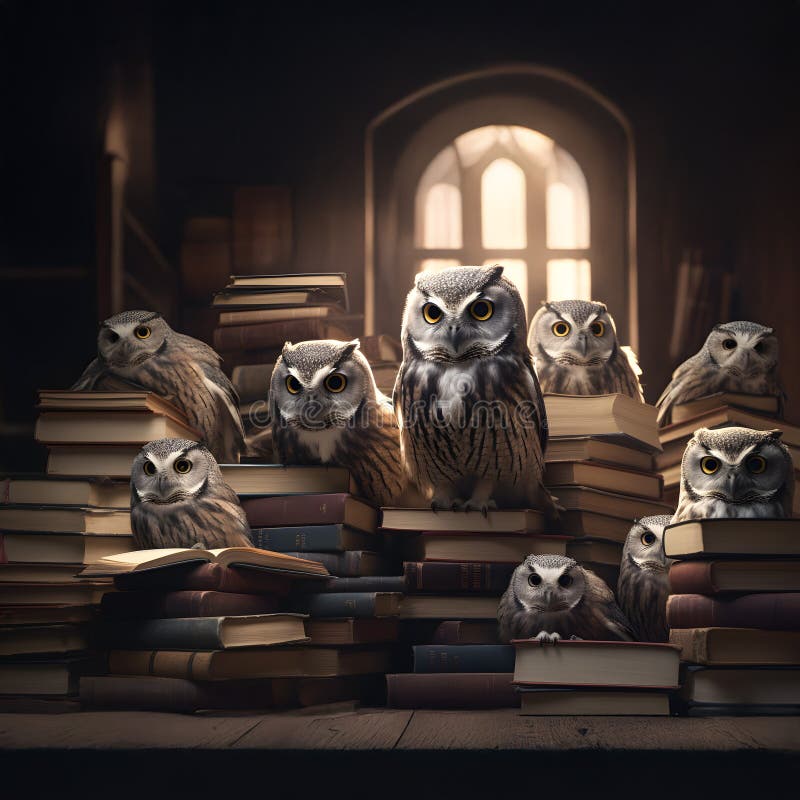 Owl Group Sitting on Book Piles. Stock Illustration - Illustration of ...