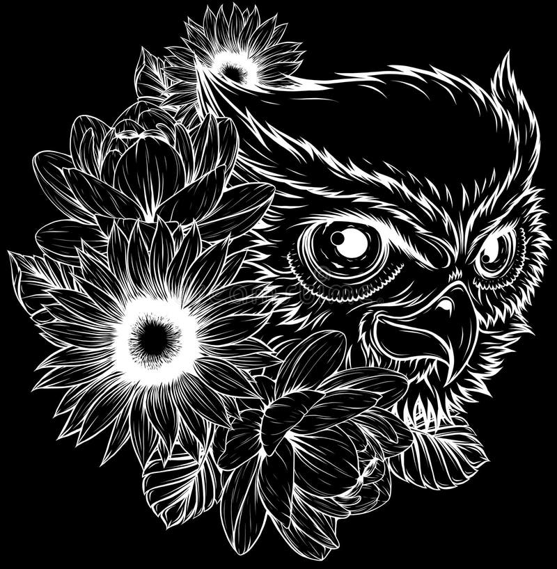 Owl Head in White Line on Black Background Stock Image - Image of logo ...