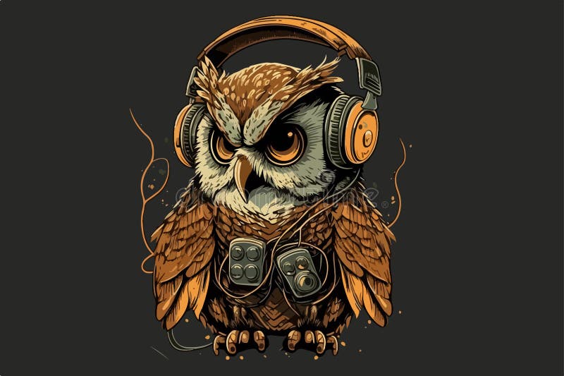 Owl with Headphones Vintage Vector Stock Vector - Illustration of hand ...