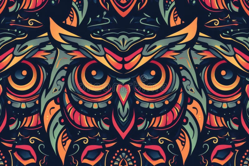 Owl Heads with Vibrant Tribal Patterns in a Repeating Layout. Stock ...