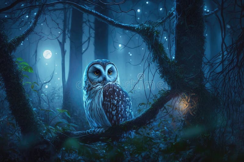 Owl Hooting In Moonlit Forest With The Glow Of The Moon Shining Through Stock Illustration