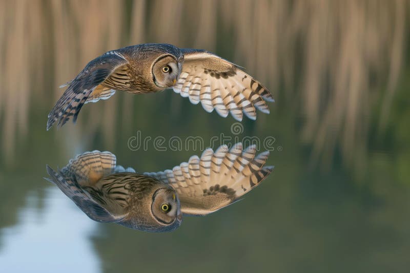Owl Hovering Over Lake Surface, Reflection Visible Below Stock Image ...