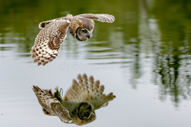 Owl Hovering Over Lake Surface, Reflection Visible Below Stock Photo ...