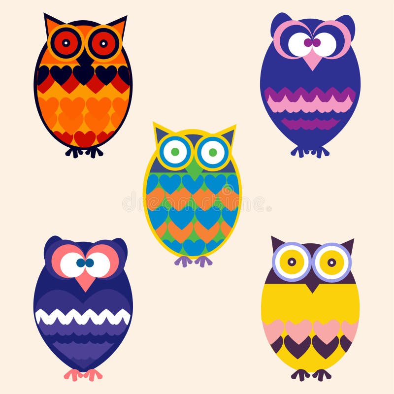 Set of 5 Colorful Cartoon Owls Vector Illustration Stock Vector ...