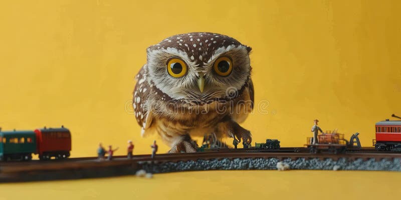 Owl Interacting with Miniature Train Models Stock Illustration ...