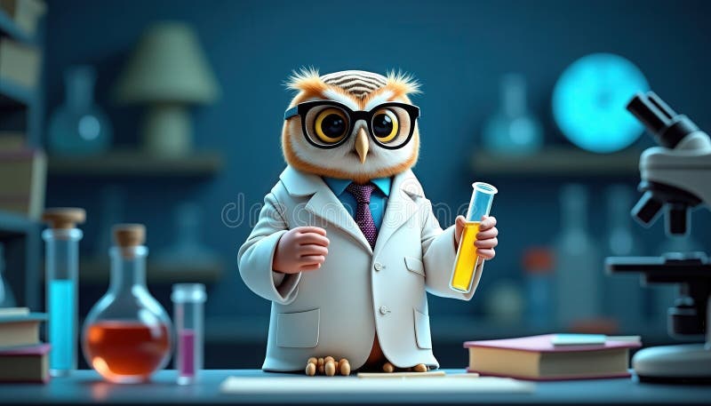 Owl in Laboratory Coat Conducting Experiments with Test Tubes and ...