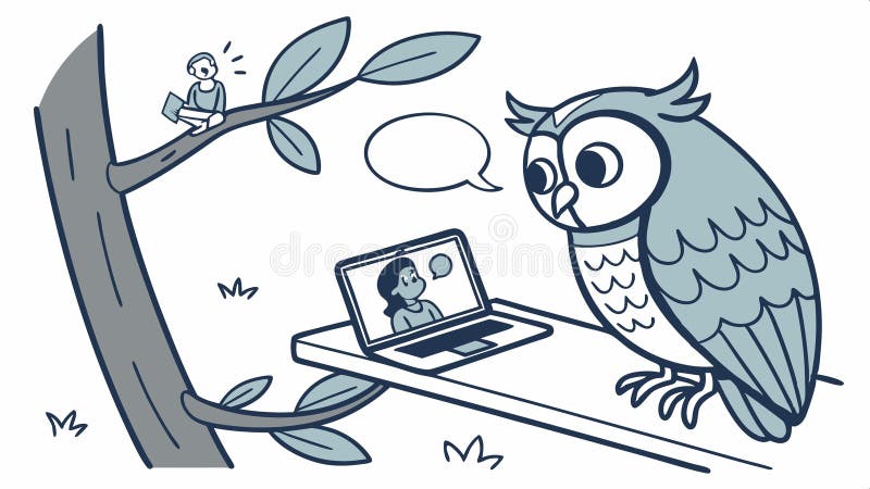 Owl with Laptop Thinking Technology Bird Animal Digital Device Cartoon ...