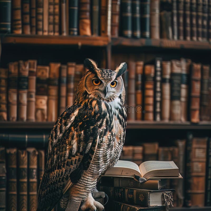An Owl in a Library with Business Books Signifying Wisdom and Knowledge ...