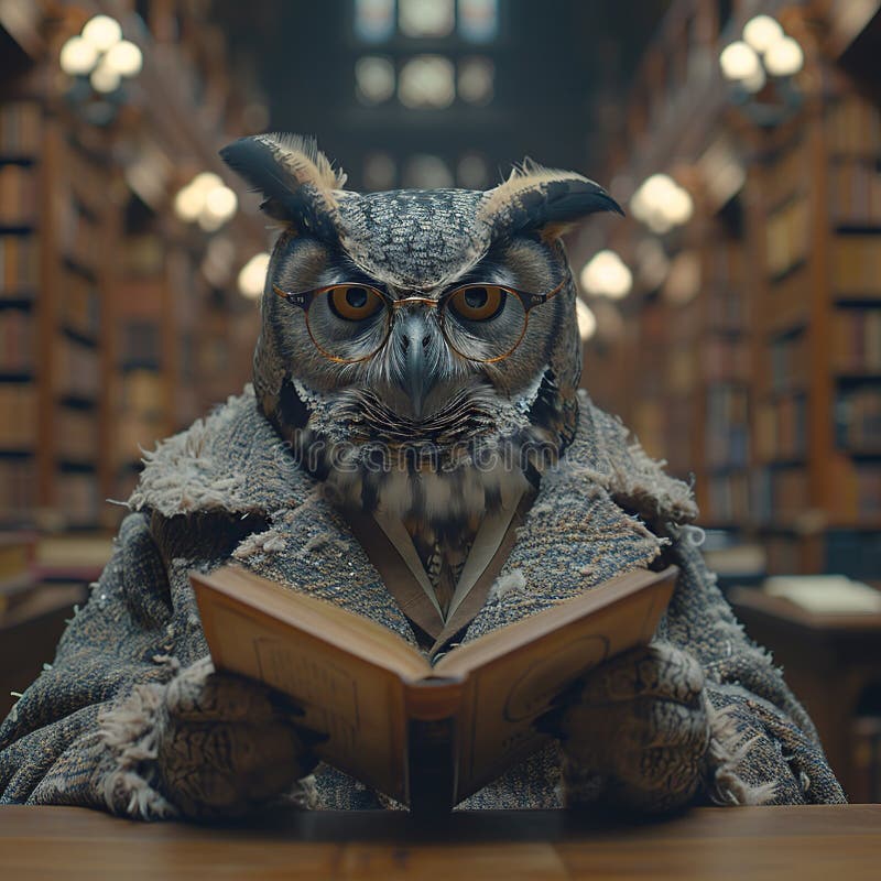Owl Reading in a Library stock illustration. Illustration of literature ...