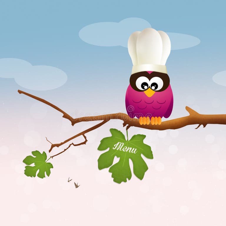 Owl with menu on the leaf stock illustration. Illustration of dinner ...