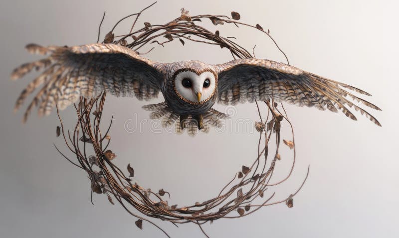 An Owl Mid-flight, Wings Blending into Twisted Vines that Form a ...