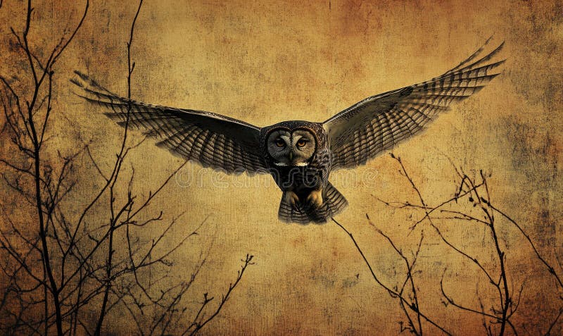 An Owl in Mid-flight, Wings Extending into Thin, Intricate Branches ...